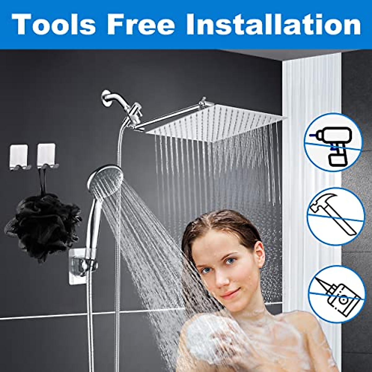 12"High Pressure Rainfall Shower Head with Handheld Spray Combo, Square Waterfall Shower Heads, 5Settings Chrome Showerhead Spray with Holder, 13"Adjustable Extension Arm, 59"Stainless Steel Hose