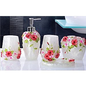 YIYIDA Country Style 3D Flowers Resin 5Pcs Bathroom Accessories Set Soap Dispenser/Toothbrush Holder/Tumbler/Soap Dish (White)