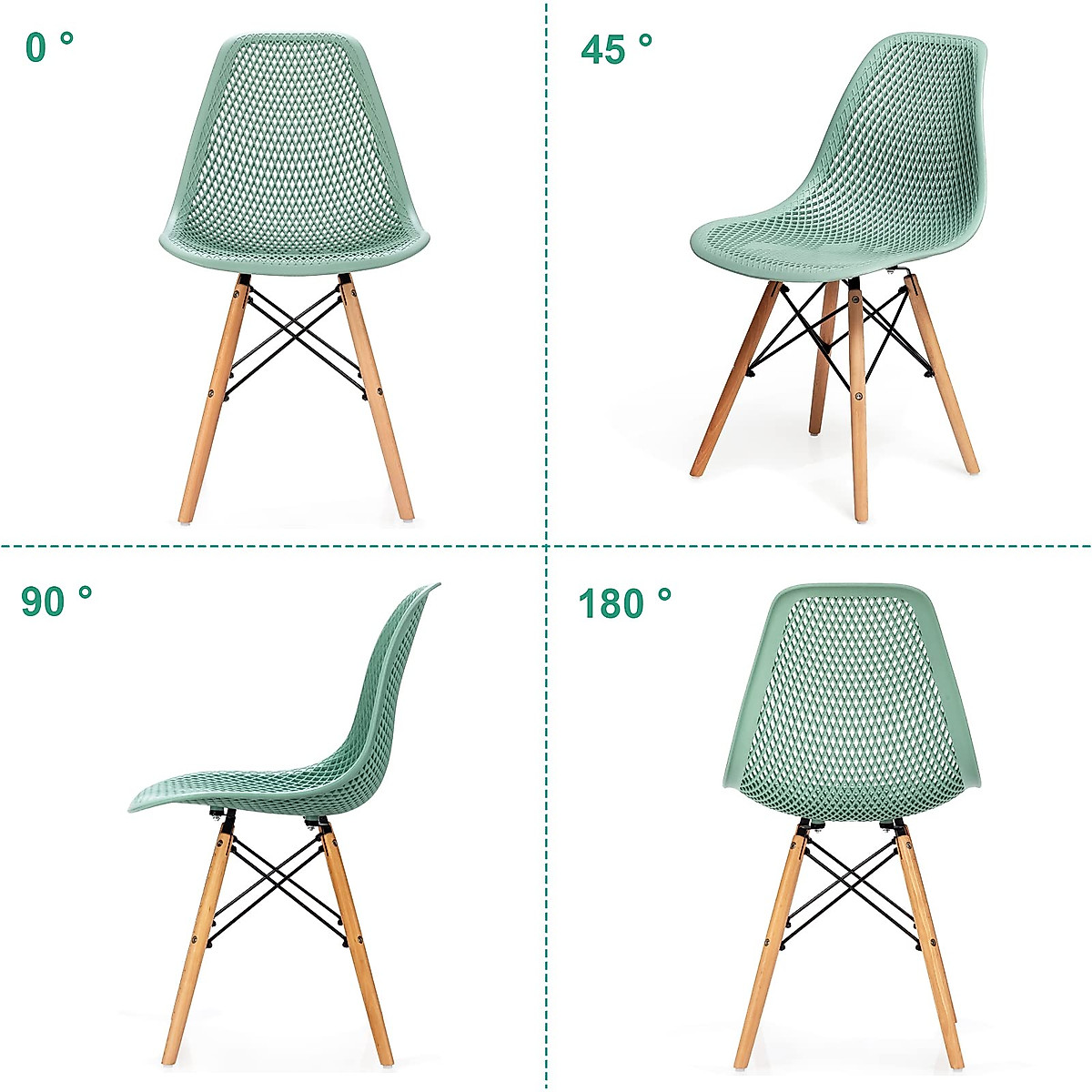 KOTEK Set of 4 Dining Chairs, DSW Molded Shell Plastic Side Chairs with Mesh Design, Solid Wood Legs, Mid-Century Modern Armless Side Chairs for Kitchen, Dining Room, Living Room (Green)