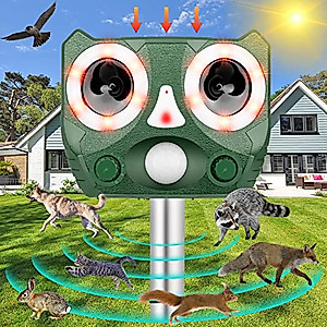 Solar Animal Repeller, Waterproof Outdoor Ultrasonic Animal Repeller, Motion Detection,LED Flashing Light Ultrasonic Pest Repellent to Keep Away Rat, Dog, Cat,Squirrel, Deer, Raccoon, Skunk, Rabbit