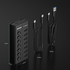 FIDECO Powered 7-Port USB Hub, USB 3.2 Gen 1 Data Hub with Independent On/Off Switch, USB Splitter with USB C to C Cable, USB A to C Cable and 12V 2A Power Adapter