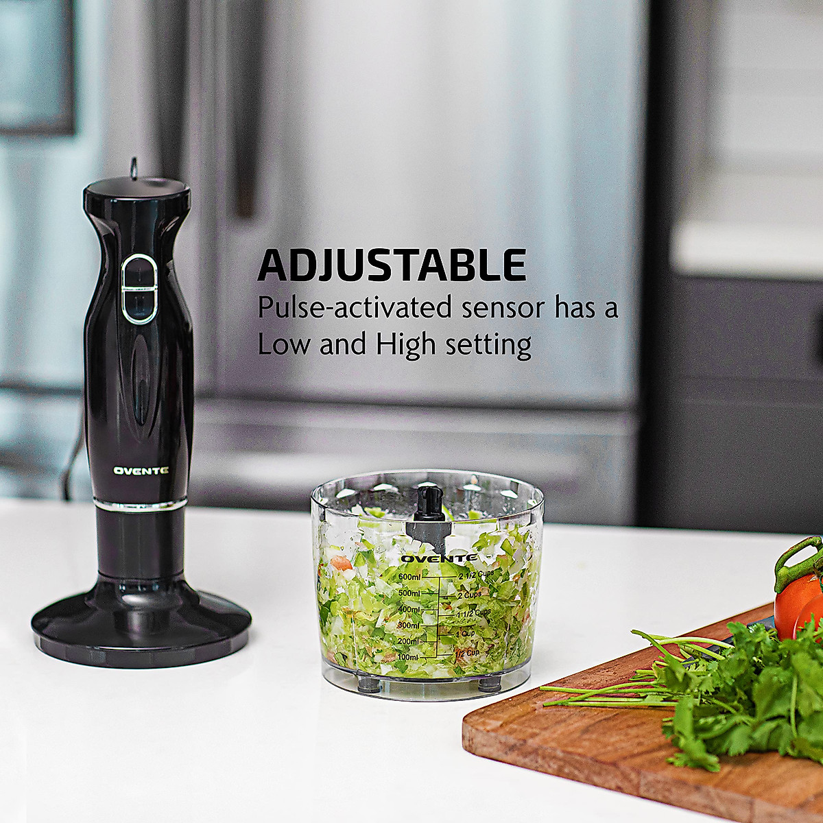 OVENTE Immersion Electric Hand Blender 300 Watt Power 2 Mix Speed with Stainless Steel Blades, Handheld Stick Mixer Set with Egg Whisk Attachment Mixing Beaker and BPA-Free Food Chopper, Black HS565B