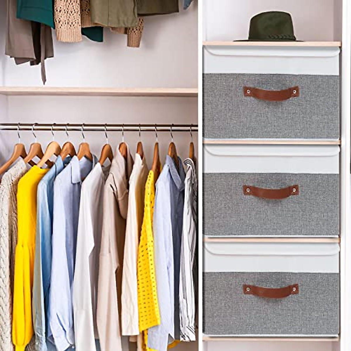 Yawinhe Collapsible Storage Boxes 1 Pack, Linen Fabric Storage Baskets Washable, with Lids and Leather Handle, for Home Bedroom Closet Office, (White/Grey, 17.7x11.8x11.8in), USNK024WGX-1