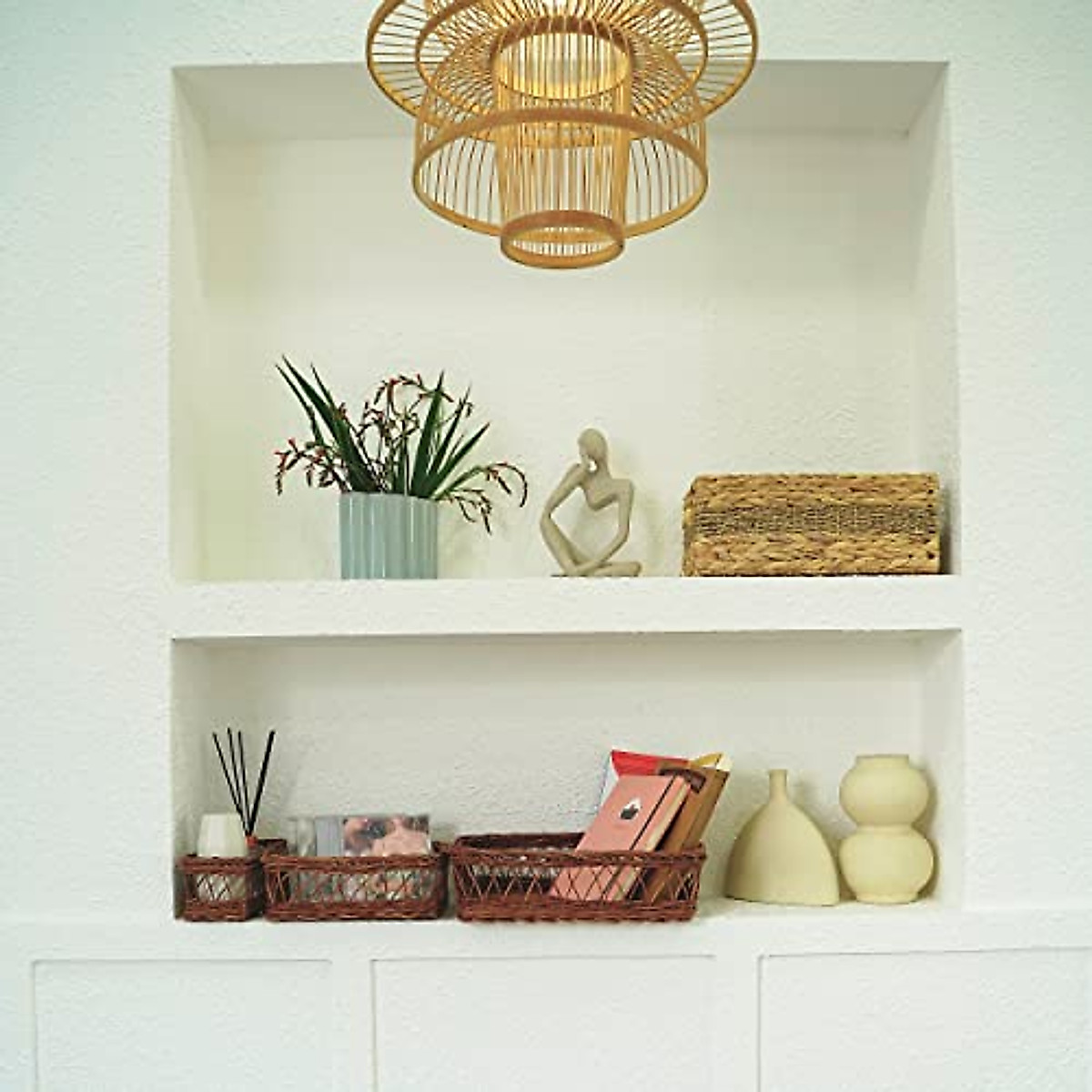 MANTEIV Set of 3 Rattan Serving Tray Woven Serving Platter with Handles Wicker Tray for Bread Fruit Food Coffee Table Breakfast Display Bathroom Kitchen Decor Dining Table Centerpiece