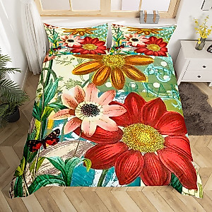 Feelyou Botanical Floral Bedding Set Blossom Flowers Pattern Duvet Cover for Kids Children Teens Vintage Garden Plants Design Comforter Cover Bedspread Cover Bedroom Decor 3Pcs Zipper King Size