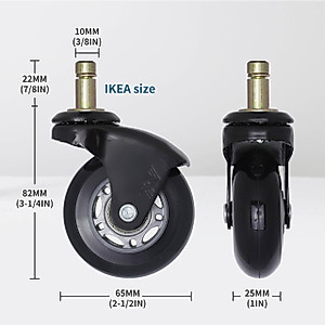 2.5 inch IKEA Office Chair Caster Wheel Replacement for Roller-Blade Wheels Heavy Duty Casters for Hardwood Floors Safe (Stem Size10mm x 22mm) (2.5 inch Black, Grey/Black)