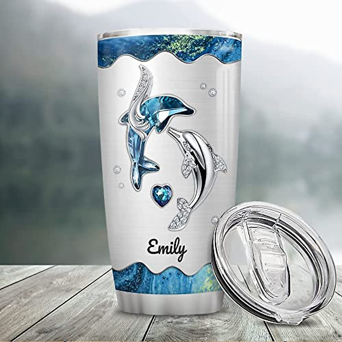 Wassmin Personalized Dolphin Tumbler Cup With Lid 20oz 30oz Custom Name Animal Stainless Steel Double Wall Vacuum Insulated Tumblers Coffee Travel Mug Birthday Christmas Customized Gifts Women Girls