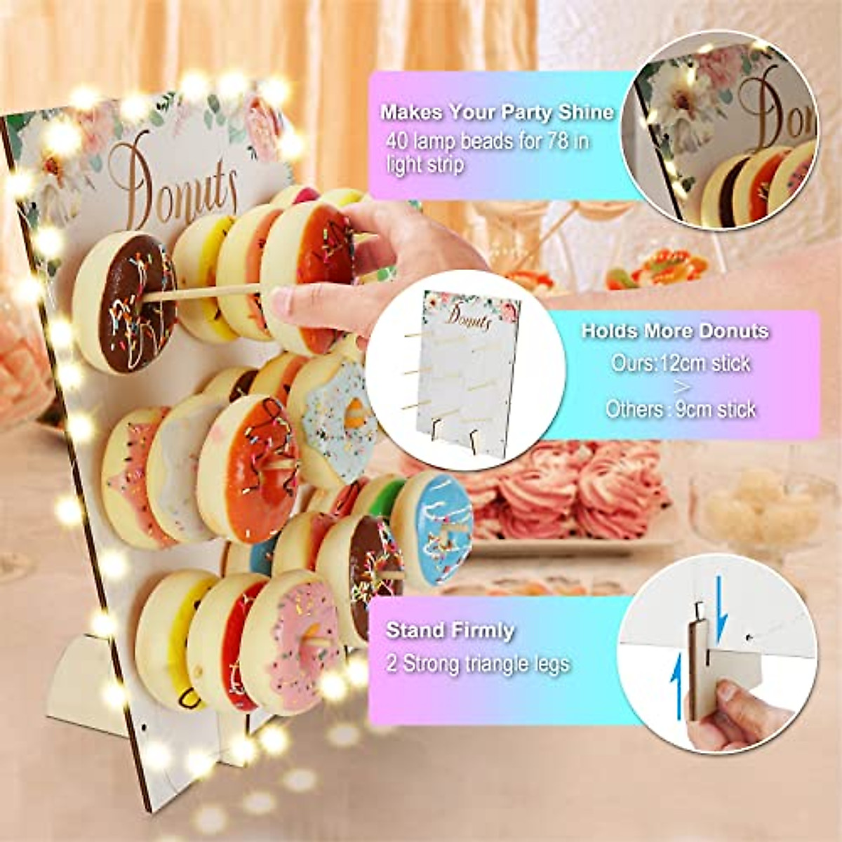 Donut Wall Stand with String Lights, Large Capacity Divava Reusable Donut Board Display for Parties, Wood Donut Party Decorations for Christmas parties, Baby Showers, Wedding, Great Gift for Christmas