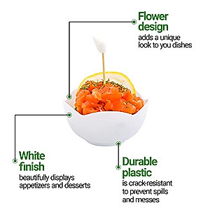 Restaurantware 2 Ounce Disposable Dessert Cups 100 Mini Appetizer Cups - Flower Shape Attractive White Plastic Mini Ice Cream Bowls Durable For Parties Or Catered Events