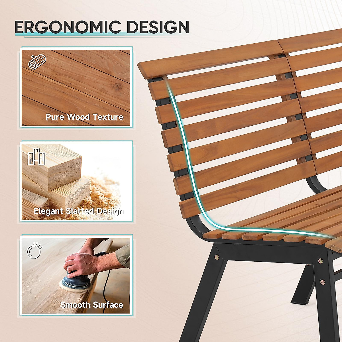 Verano Garden 54 Inches Outdoor Acacia Wood Bench, Oil Finished Armless Garden Bench with Slatted Seat & Steel Frame for Garden, Park, Porch, Yard, Deck (54.1" L×22.6" W×34.3" H)