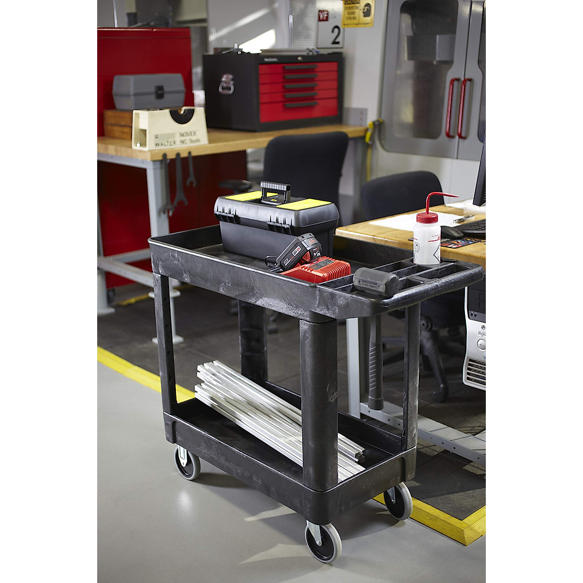 Rubbermaid Commercial Products 2-Shelf Utility/Service Cart, Small, Lipped Shelves, Storage Handle, 500 lbs. Capacity, for Warehouse/Garage/Cleaning/Manufacturing (FG450089BLA)