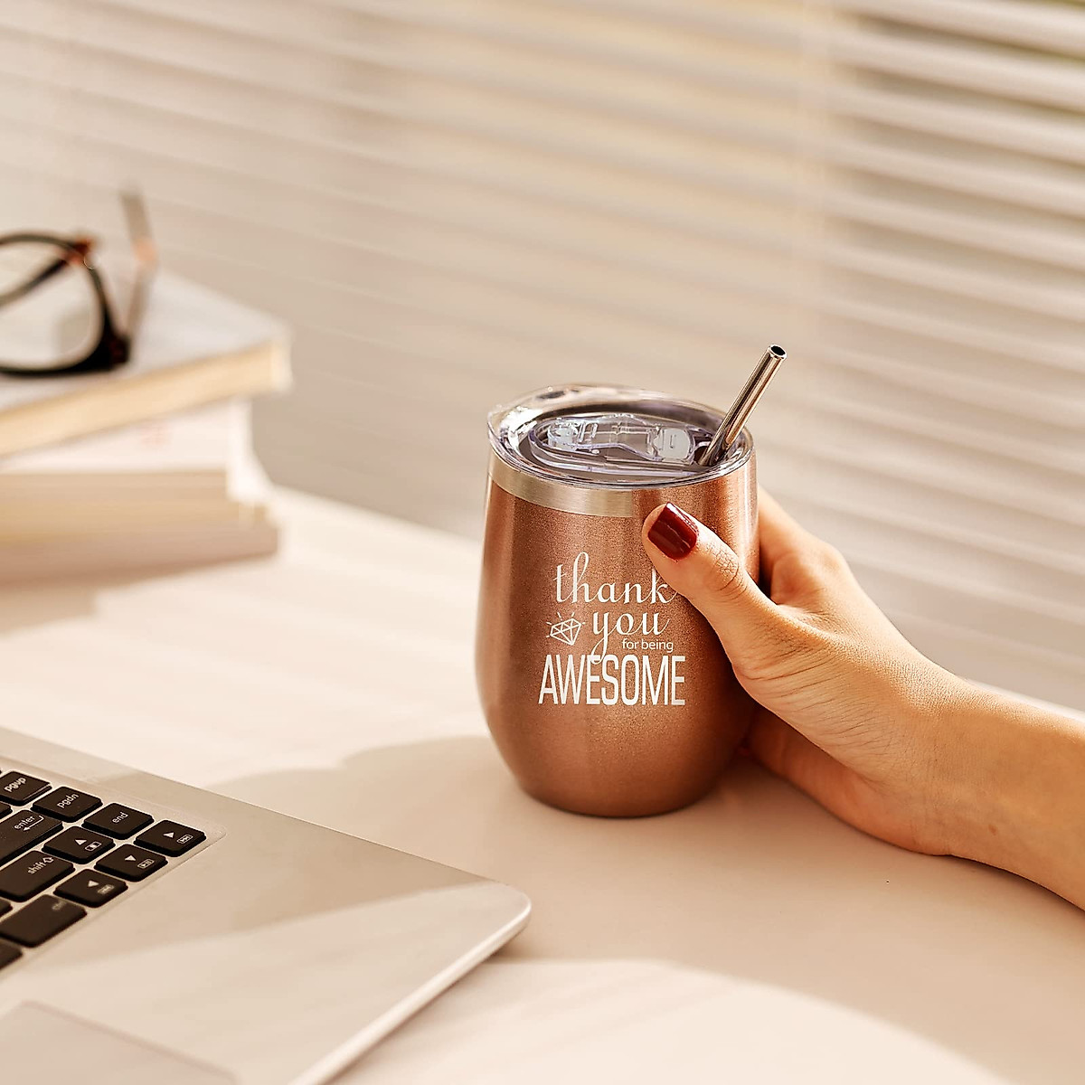 Thank You for Being Awesome Wine Tumbler Thank You Tumbler Thank You Gifts Birthday Thanksgiving Christmas Gifts for Women Men Coworkers Friends 12 Ounce with Lid Straw Gift Box Rose Gold