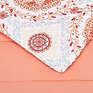 Amazon Basics Lightweight Microfiber 7 Piece Bed-in-a-Bag Comforter Bedding Set, Full/Queen, Coral Medallion