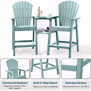 NAVINE Tall Adirondack Chairs Set of 2, HDPE Balcony Chair with Double Connecting Tray, Weather Resistant Outdoor Adirondack Bar Stools for Patio, Deck, Patio, Backyard, Balcony.(Blue)