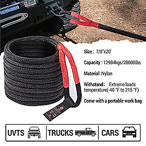 Kinetic Tow Rope Recovery Strap 20 ft x 7/8 in, 28600lbs Off-Road Kinetic Recovery Tow Rope for Truck Heavy Duty Elastic Snatch Ropes Towing Gear for Most Vehicles