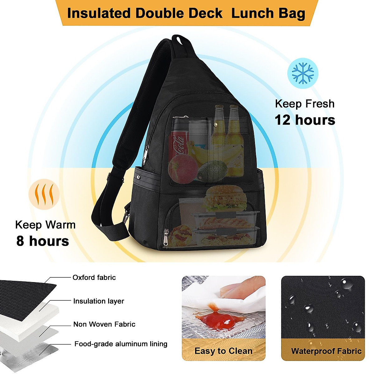 HesLaus Crossbody Lunch Backpack, Double Deck Large Insulated Lunch Box for Men Women Adult, Leakproof Lunchbox with Side Pokets for iPad, Small Cooler Bag for Work Office Hiking Beach Picnic, Black