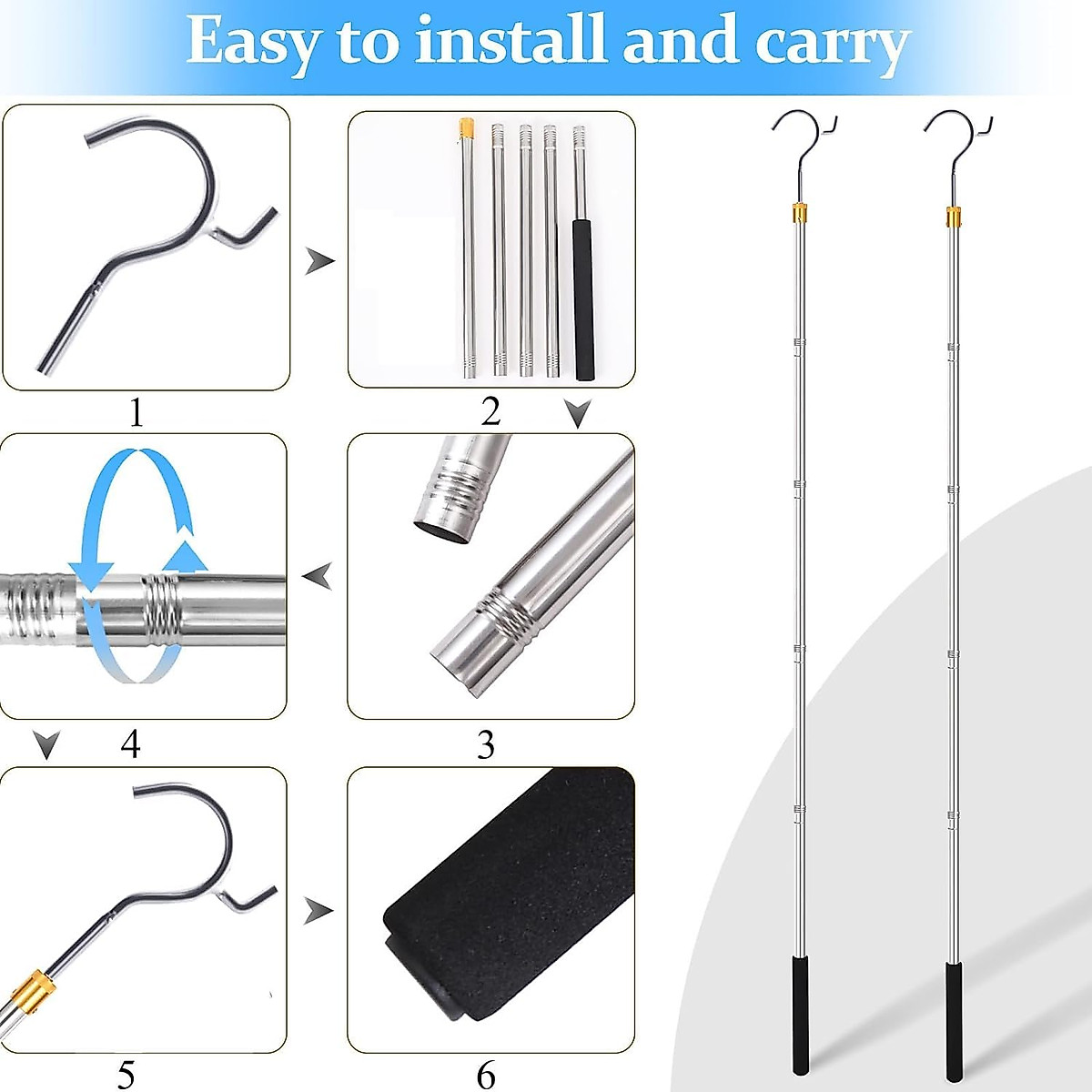 Clothes Hook Pole, Adjustable from 28 inches to 74 inches, Sponge Handle,Pick up Clothes from high Places,Closet Coat Rack Hook Rod, Used for Blinds Closets Ceilings, Strong Yet Lightweight.
