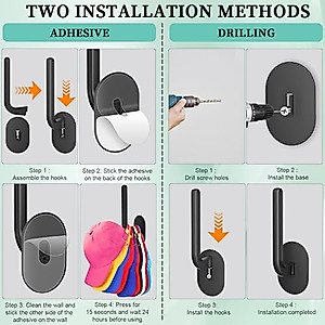 Eiito Hat Hooks for Caps Storage-4Pack,Multi-Purpose Hat Organizer,Strong Adhesive Hat Racks for Wall, Two Mounting Options RV Organization and Storage Cap Hanger(Black)