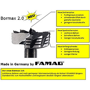 Famag Bormax 3/4 inch Forstner Bit Imperial, Outside Rim Saw Teeth, Hex Shank, Cooling Fins, Twisted Center Point, German Alloy Steel (3/4")