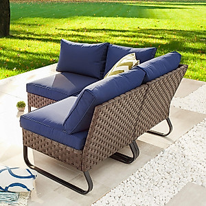 LOKATSE HOME 3 Pcs Outdoor Rattan Furniture Patio Conversation Sectional Set All-Weather Wicker Corner Sofa Metal Armless Chair with Cushion, Blue