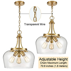 TEENYO Modern Gold Pendant Light Mid Century 3-Light Clear Glass Pendant Lighting with Adjustable Chain Brass Glass Pendant Lights Kitchen Island for Dining Room Bedroom Living Room