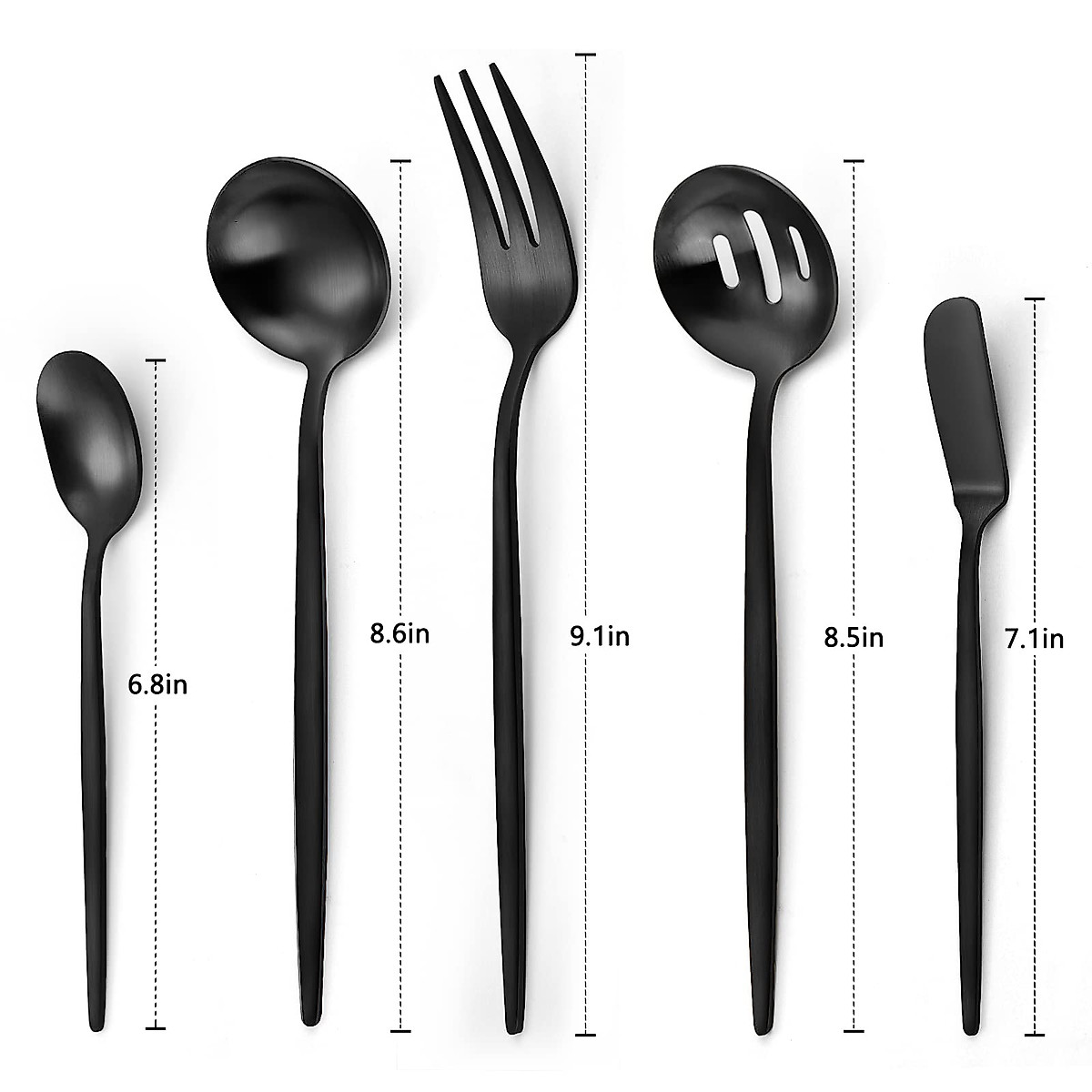 VANVRO Matte Black Serving Silverware Set, 5-Piece Round Shared Utensils Set of Stainless Steel, Hostess Flatware Serving Set, Satin Finish, Dishwasher Safe