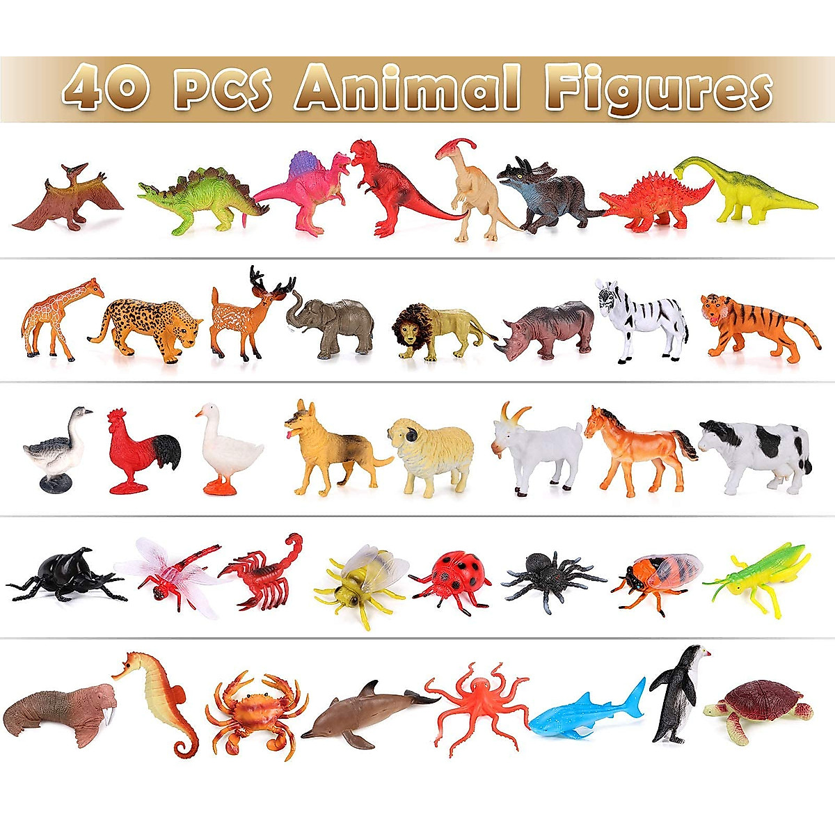 40PCS Large Animals Figures Toys Realistic Farm Animals Wild Zoo Animals Dinosaur Insect Sea Animals Figures Preschool Learning Playset for Toddlers Kids