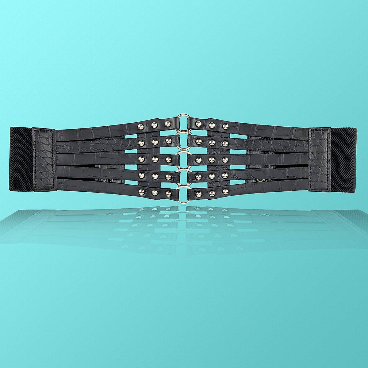 Fashion Women's PU Leather Wide Waist Belt Hollow Out Rivets Stretch Cinch Waistband