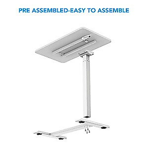FLEXISPOT Medical Adjustable Overbed Bedside Table with Wheels Pneumatic Mobile Standing Desk Laptop Desk Rolling Computer Cart Movable Overbed Table Hospital Home Use(27.6" W x 15.7" D, White Table)
