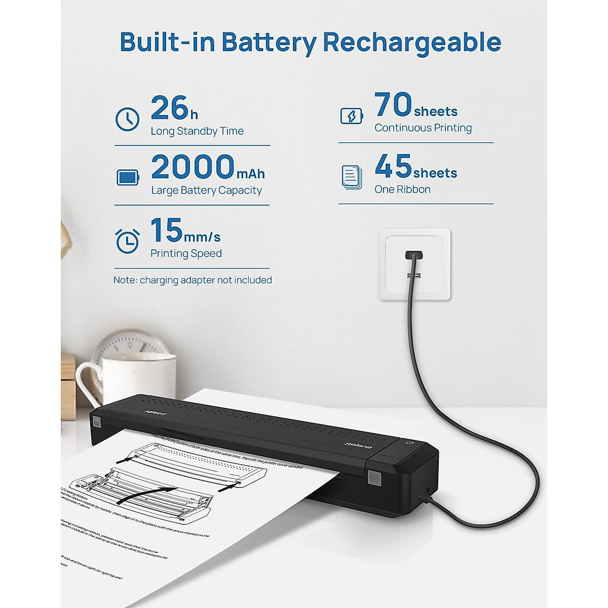 Portable Printer, POLONO MT800 2.0 Wireless Bluetooth Thermal Printer, Support 8.5" X 11" US Letter, Compatible with Android and iOS, Mobile Thermal Transfer Printer for Travel, Mobile Office and Home