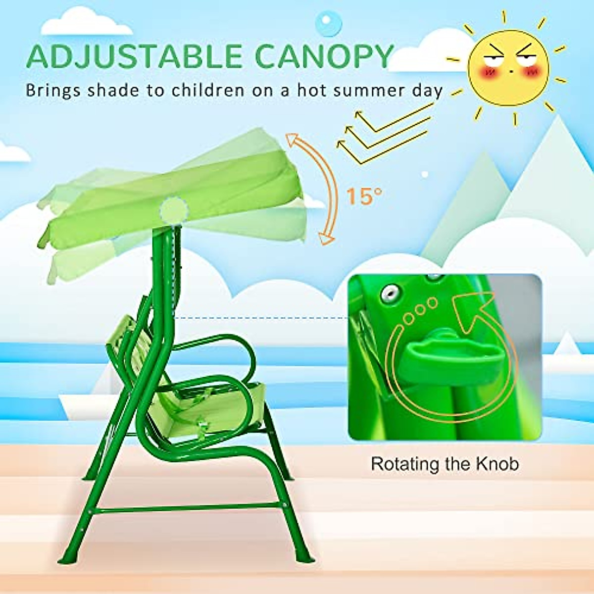 Outsunny Porch Swing for Kids with Adjustable Canopy to Block Sun at Angles, Kids Swing Chair with Seatbelts, Frog Gift for Kids, Tree Bark Brown, for Ages 3-6, Green