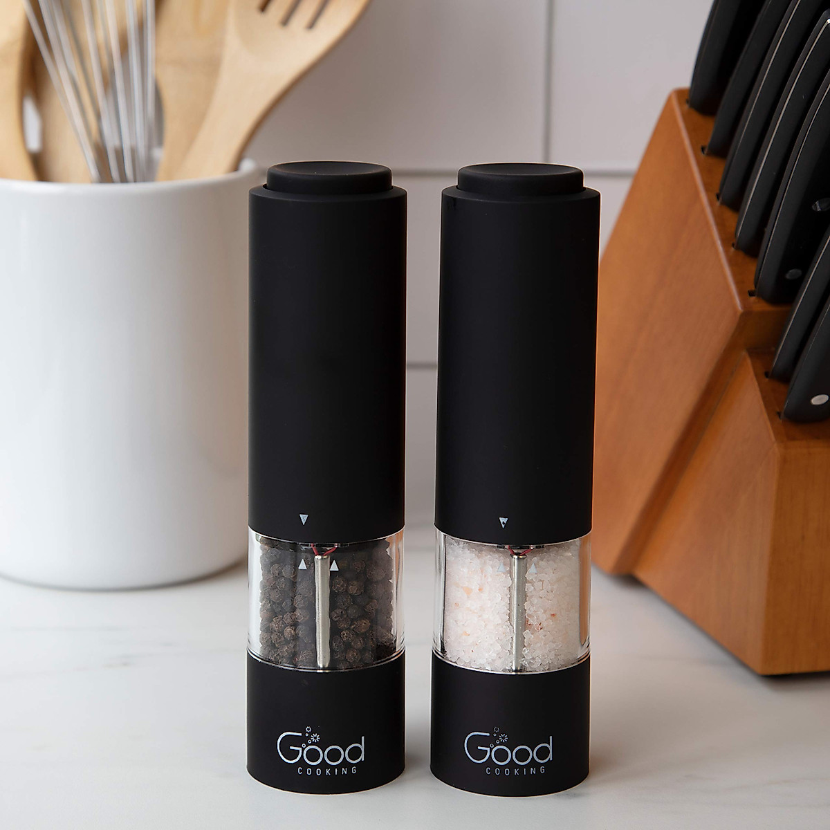 Electric Pepper Grinder and Salt Mill (2 Pack)- Battery Operated One-Handed Spice Dispenser w LED Light & Adjustable Coarseness- Matte Black, Batteries Included