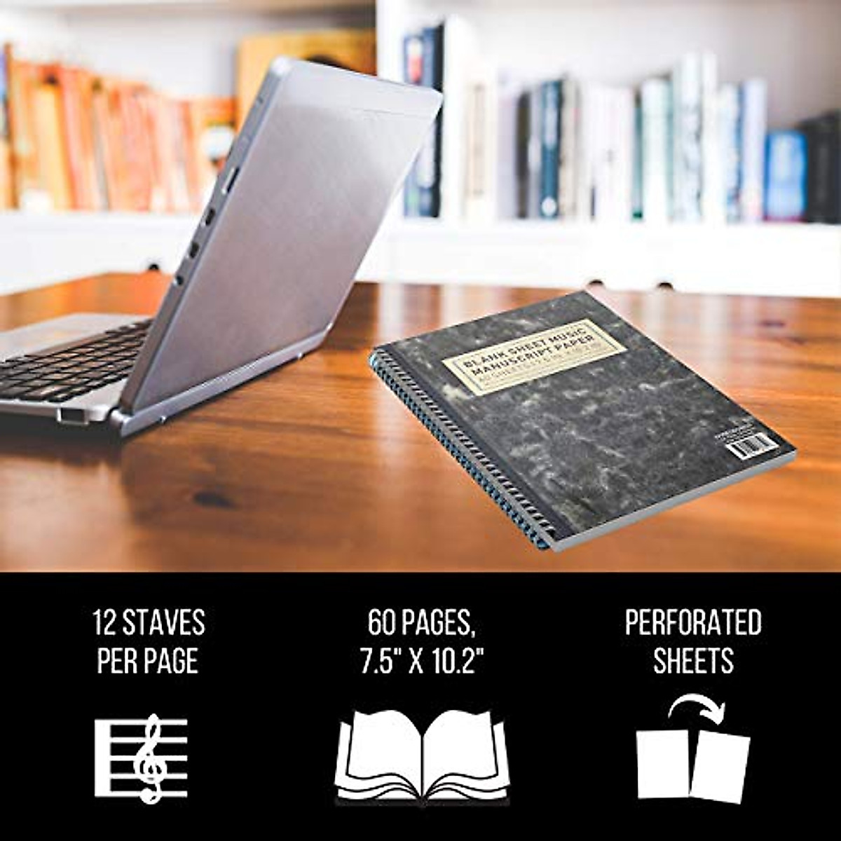 iVideoSongs Manuscript Paper Notebook Black • 12 Staff per Page Blank Sheet Music Notebook • 120 Page Hardcover Music Staff Paper Notebook Music Journal • Music Staff Notebook 150+ Free Music Lessons