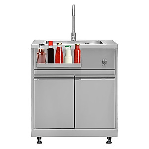 Portable Stainless Steel Sink Station, 32 Inch Single Bowl Kitchen Sink Cabinet, Freestanding Commercial Restaurant Bar Sink with Faucet, Mobile Sink with Hose Hook Up, Bottle Opener and Storage Tray