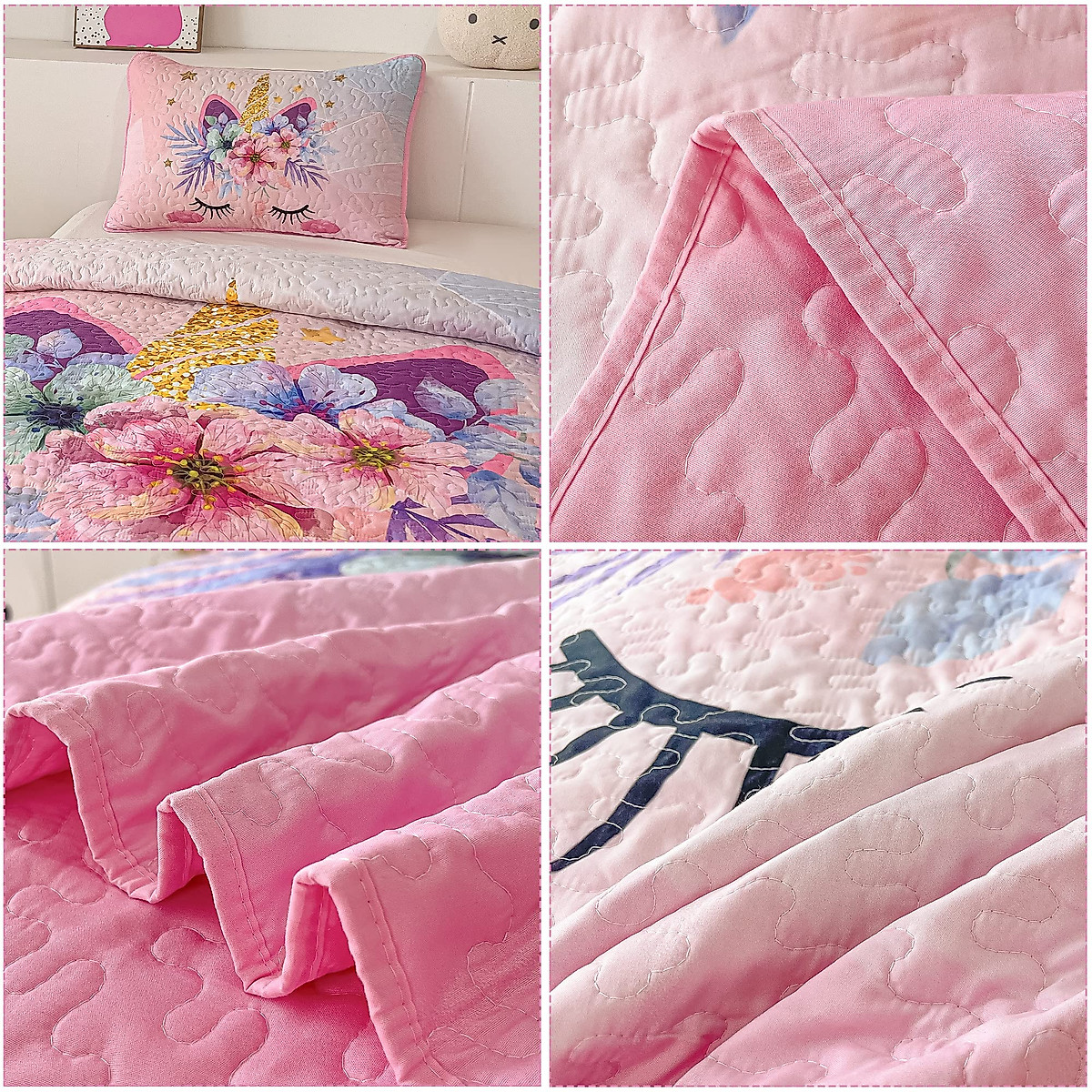Twin Size Quilt Set for Girls 2-Piece Pink Unicorn Kids Comforter Bedding Set Stars Flowers Reversible Quilted Bedspread Coverlet Lightweight Bed Sheet Set Cover Throw Blanket with Pillow Sham