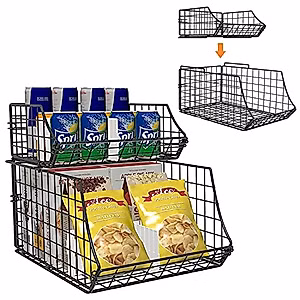 LUMAMU 2-Tier Stackable Wire Baskets for Storage Pantry, Hanging Wall Basket with Removable Dividers Countertop Basket Organizer for Snack Fruit Veggies Canned Food, Black