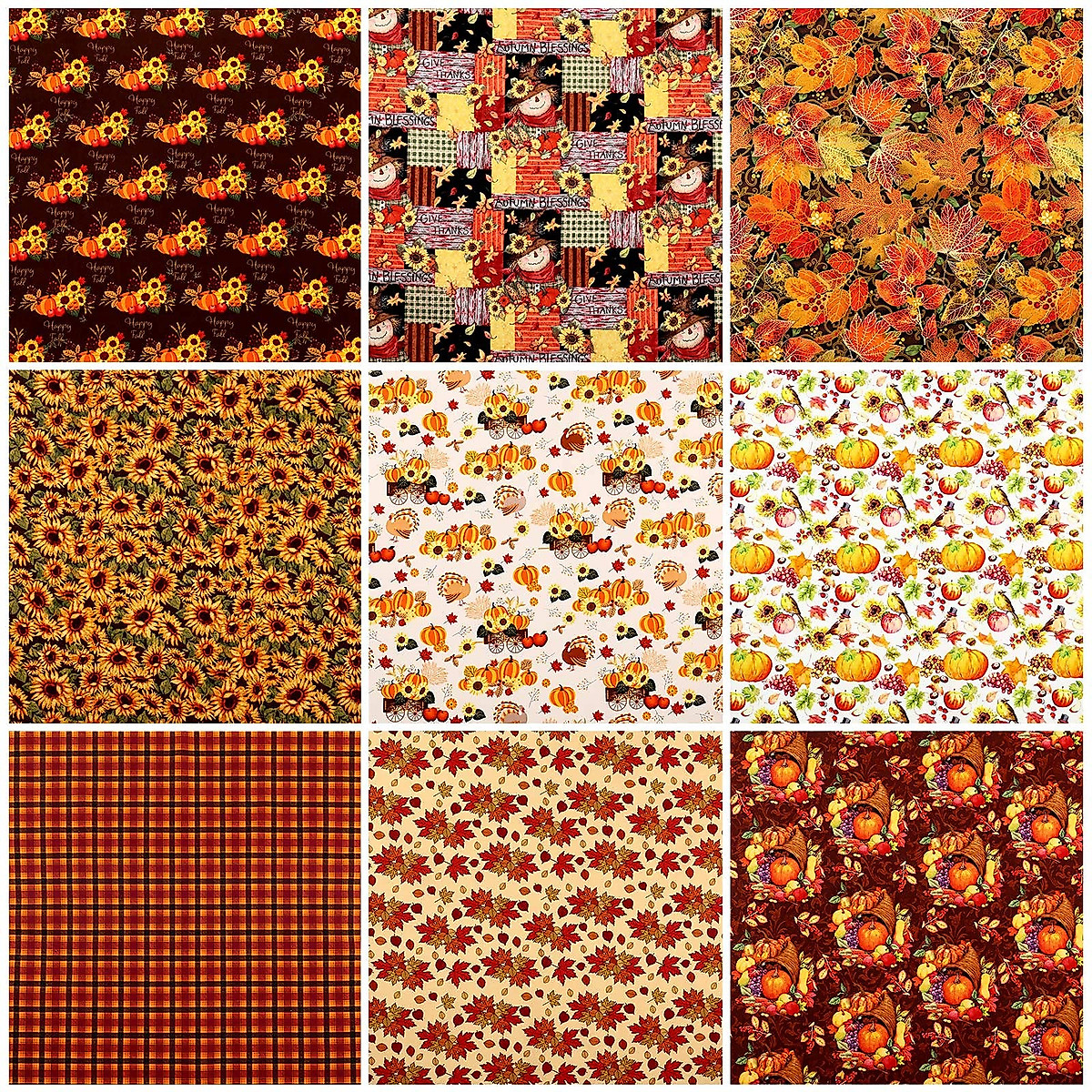 10 Pieces Fall Cotton Fabrics 19.7 x 19.7 Inch Thanksgiving Fat Quarter Bundles Pumpkin Fabric Squares Autumn Turkey Maple Plaid Patchwork Thanksgiving Patterns for DIY Crafts Quilting Sewing Supplies