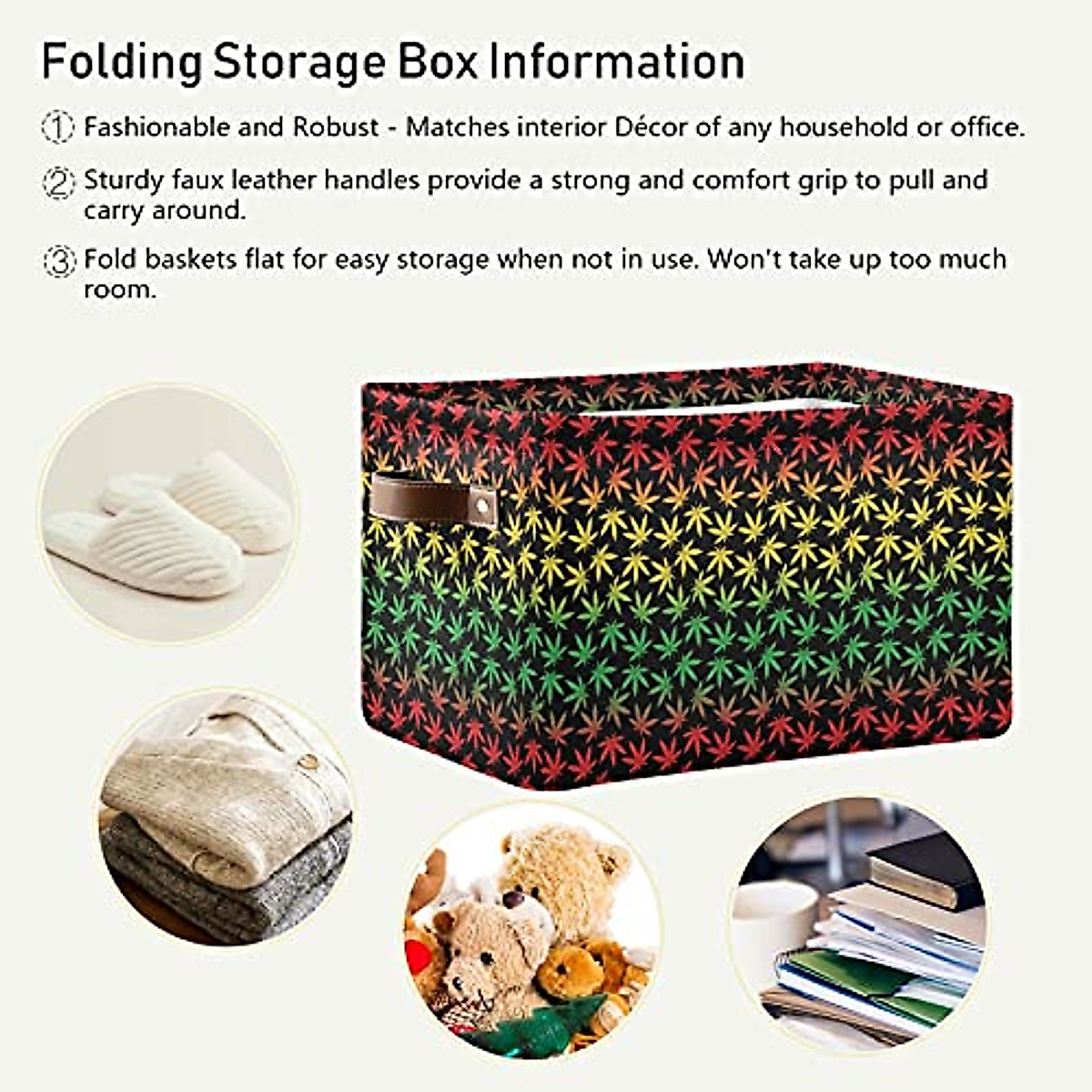 Large Foldable Storage Bin Gradient Marijuana Leaves Fabric Storage Baskets Collapsible Decorative Baskets Organizing Basket Bin with PU Handles for Shelves Home Closet Bedroom Living Room-1Pack