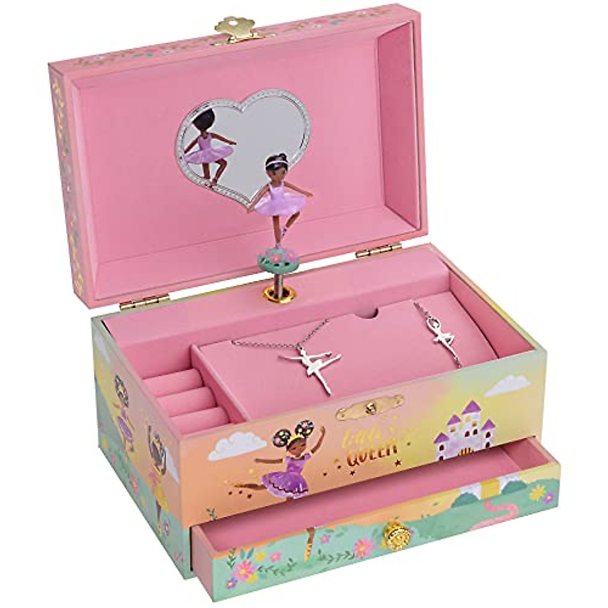 Jewelkeeper Ballerina Music Box & Little Girls Jewelry Set - 3 Ballerina gifts for Girls - Little Queen Design