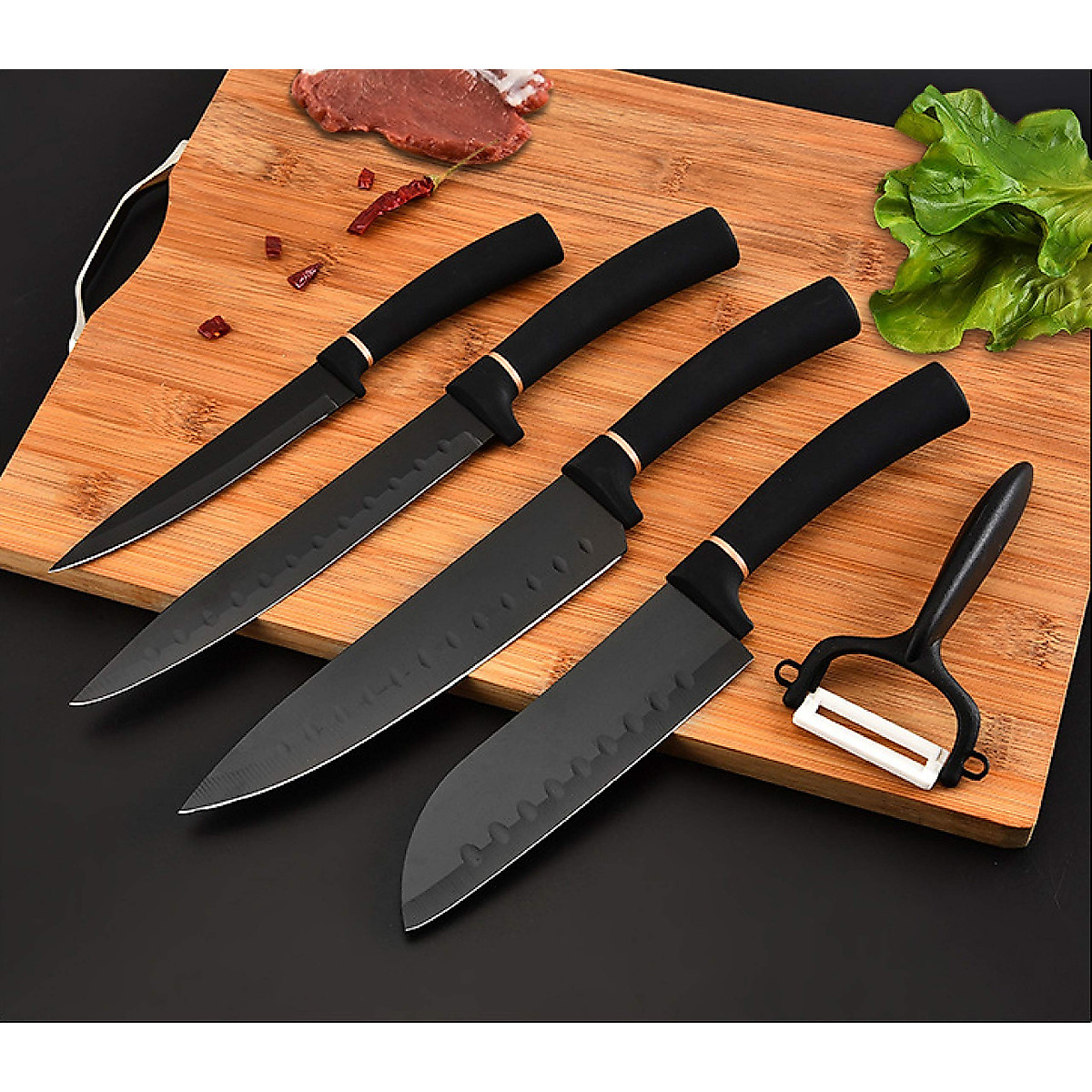 elabo 5 Pieces Black Kitchen Knife Set - Stainless Steel Non Stick Coating Knives, Includes 6'' Chef Knife, 7'' Santoku Knife, 7" Slicer Knife, 5''Utility Knife and Ceramics Peeler, Rose Gold