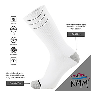 KMM Men's Cotton Full Thick Cushion Crew Socks Moisture Control Heavy Duty Work Boot Warm Thermal Anti Wicking Sweat Blisters 6P(White L)