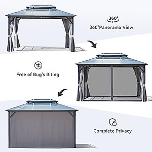 Joyside 10x13 ft Outdoor Hardtop Gazebo with Double-Tier Polycarbonate Roof, Aluminum Frame Gazebo with Netting and Curtain Included, Suitable for Lawn Backyard Patio