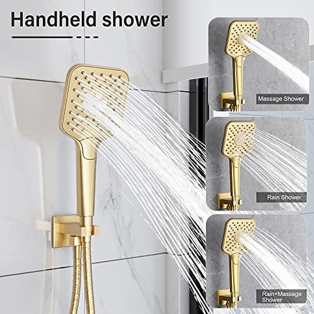 Gabrylly Shower System with Tub Spout, Wall Mounted Shower Faucet Set for Bathroom with High Pressure 10" Rain Shower head and 3-Setting Handheld Shower Head Set,Brushed Gold