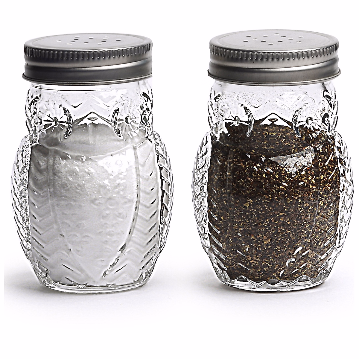 Circleware Elegant Owl Shaped Glass Mason Salt and Pepper Shakers with Metal Lids, Perfect for Himalayan Seasoning Herbs Spices, 2-Piece Set