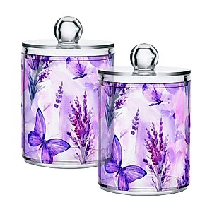 ALAZA 2 Pack Qtip Holder Dispenser for Cotton Ball Lavender Purple Wisteria Flower Cotton Swab Cotton Round Pads Clear Plastic Acrylic Jar Set Bathroom Canister