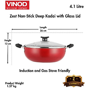 Vinod Cookware Zest Non-Stick Induction Friendly Deep Kadai With Lid Red/Black 4.1 Litres