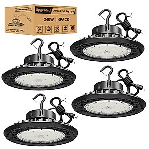 JC-LGL UFO LED High Bay Light 240W 4 Pack, High Bay LED Light 36,000LM(1000W MH/HPS Eqv.) Dimmable 6' Cable with Plug, Hanging Hook, Safe Rope, ETL Listed High Bay for Warehouse Factory Barn Shop