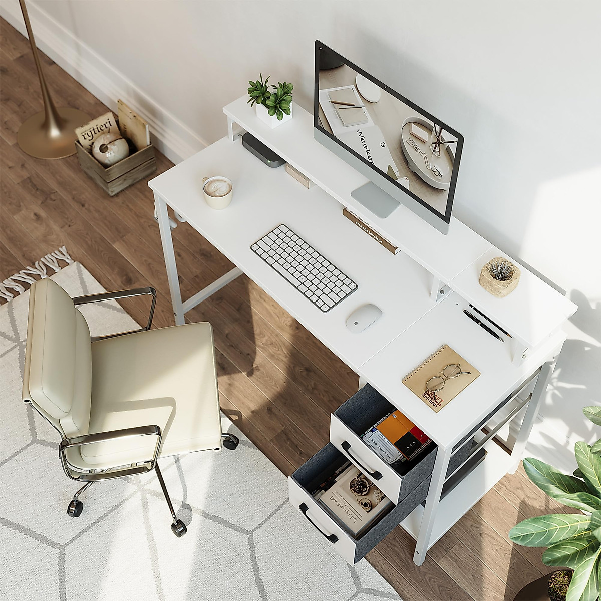 CubiCubi Computer Desk with Drawers, 47 Inch Reversible Office Desk with Monitor Stand and Storage Shelves, Work Writing Study Desk Table for Home, White