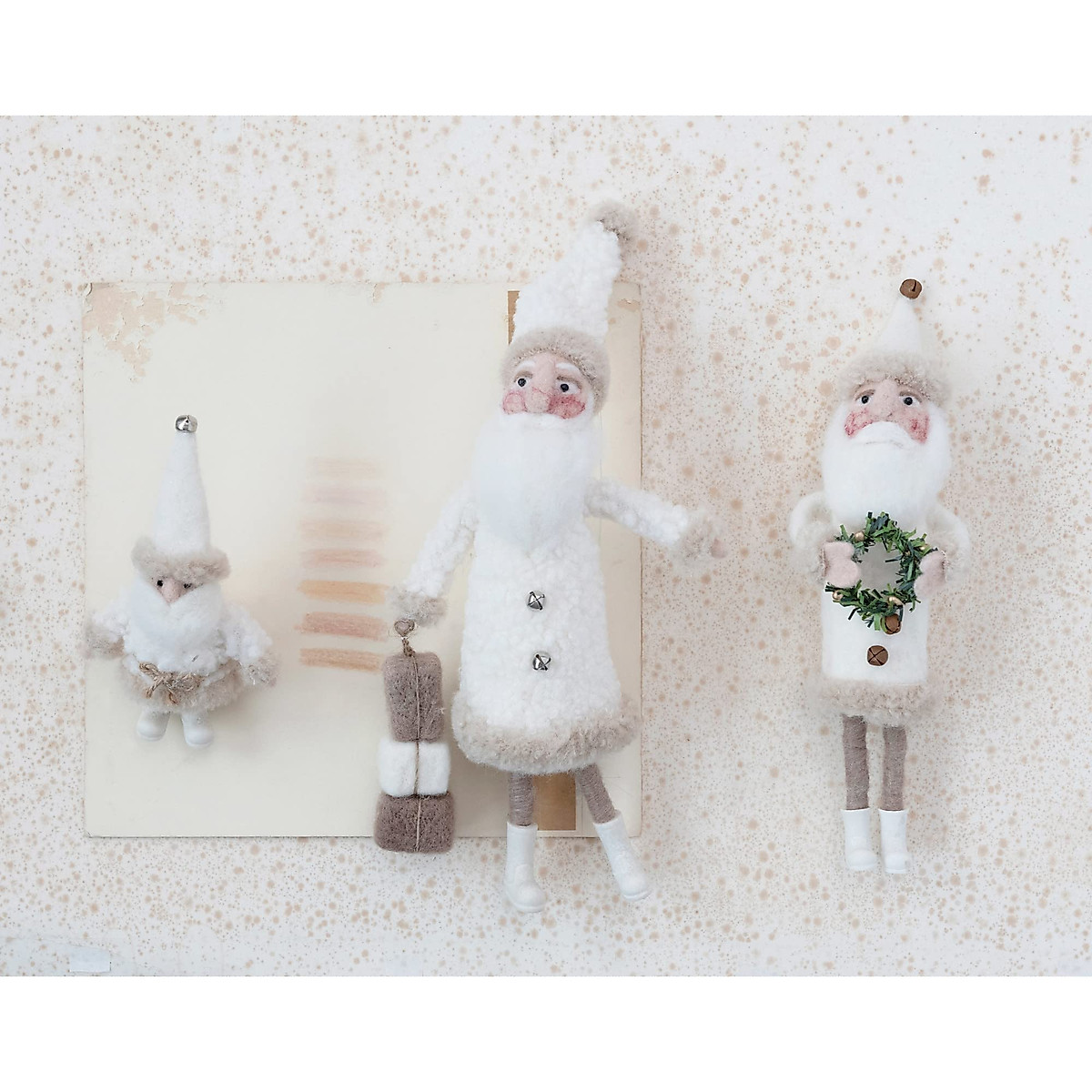 Creative Co-Op Wool Felt Santa with Jingle Bell Buttons and Wreath, Cream