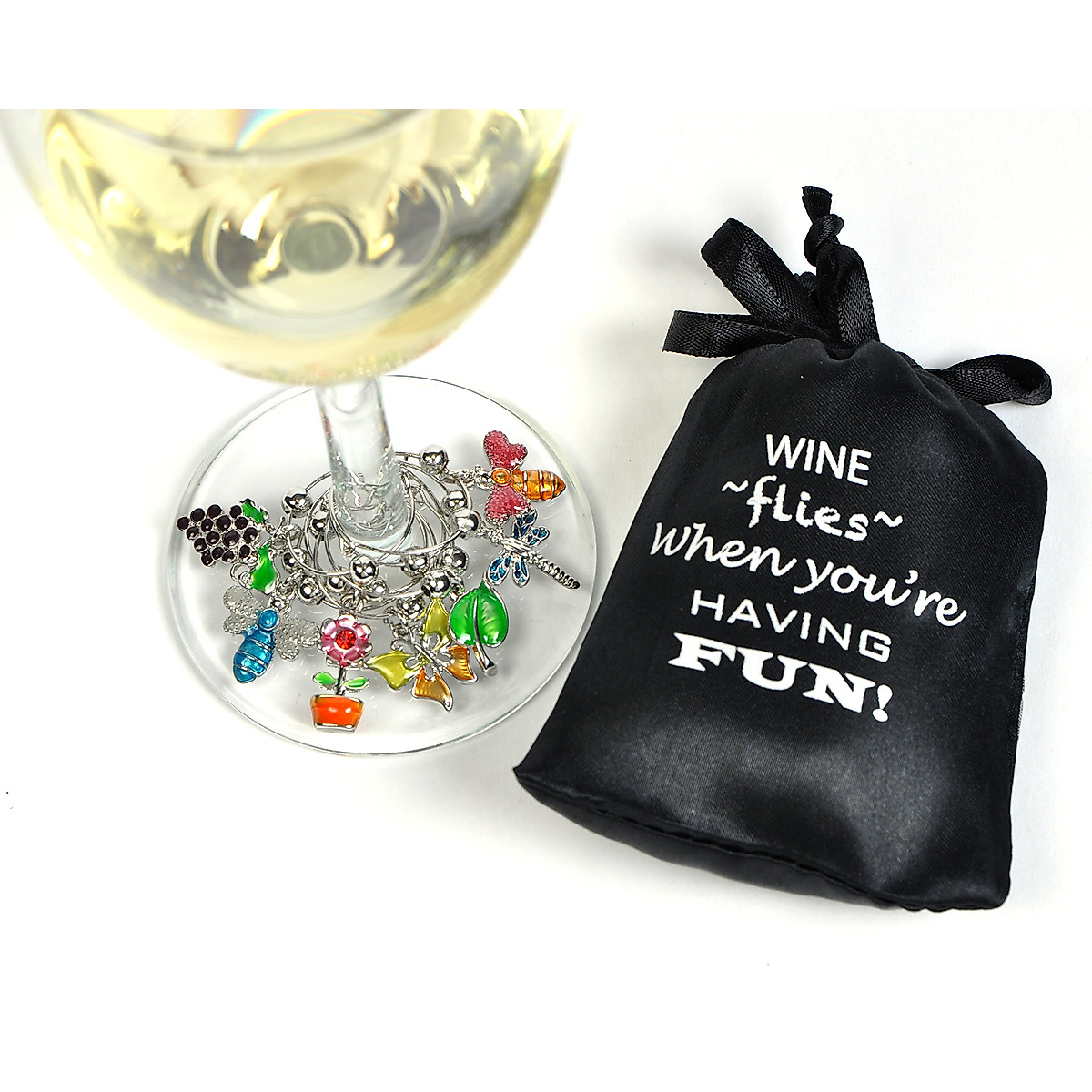 Cork & Leaf Flowers & Insects Wine Glass Markers - Set of 7, Wine Charms, Wine Accessories and Gifts, Drink Markers, Wine Glass Charms, Includes a Black Sateen Storage Bag